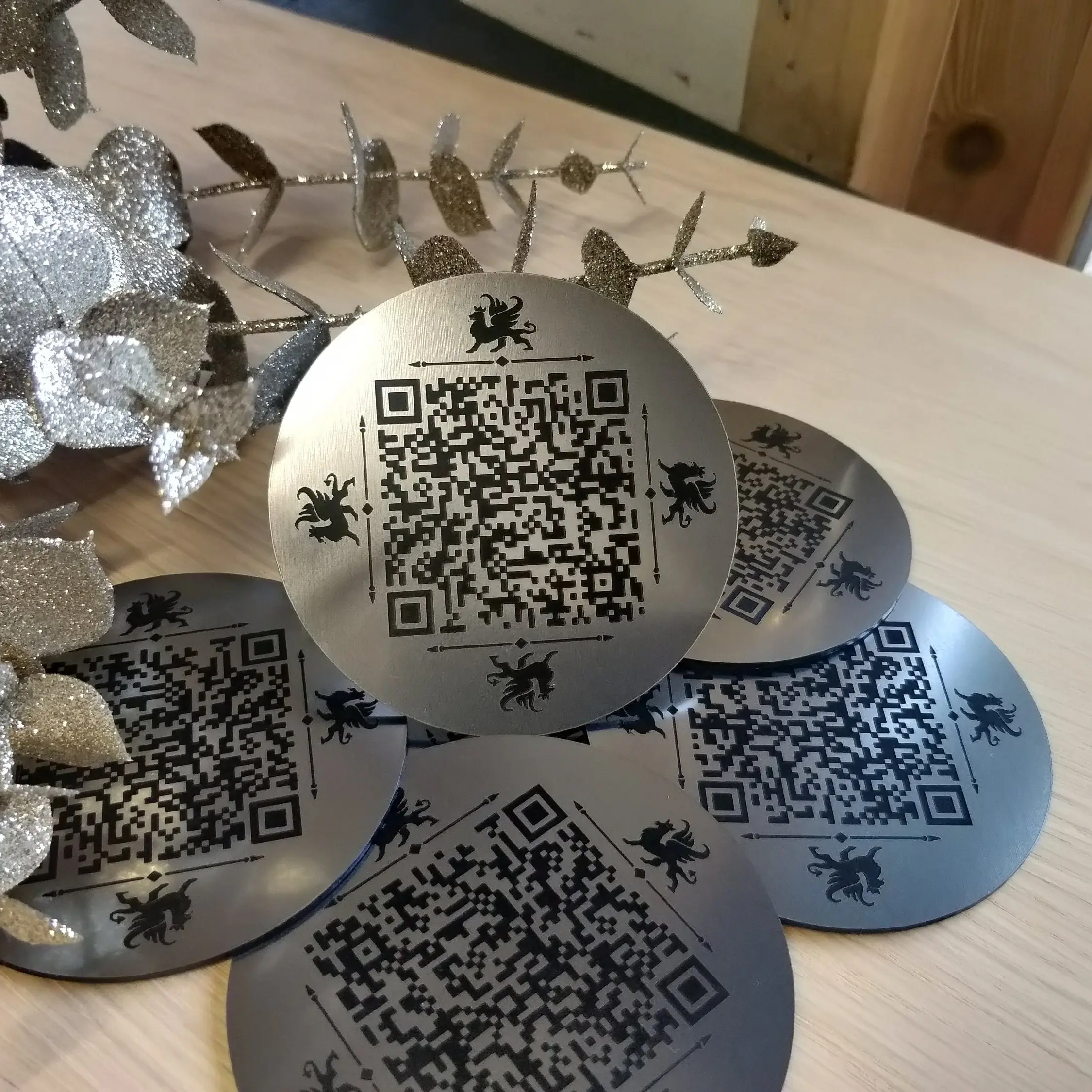 Personalised QR Code Laser Engraved Discs, 70mm diameterTable Tags ...